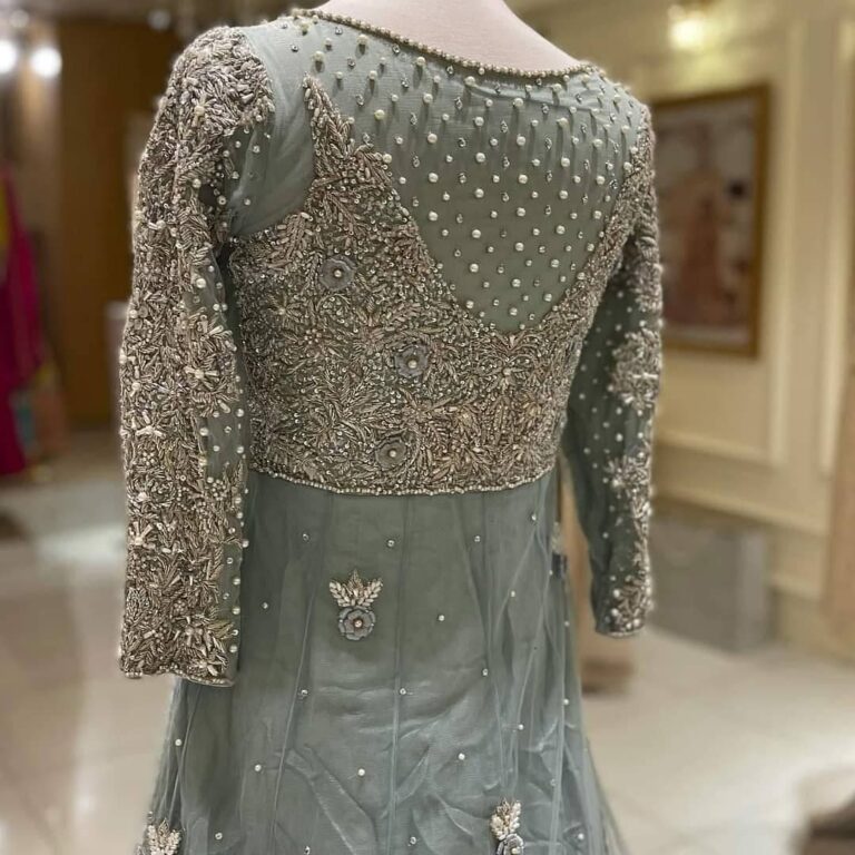 Designer Ice Blue Walima Gown with Golden Embroidery