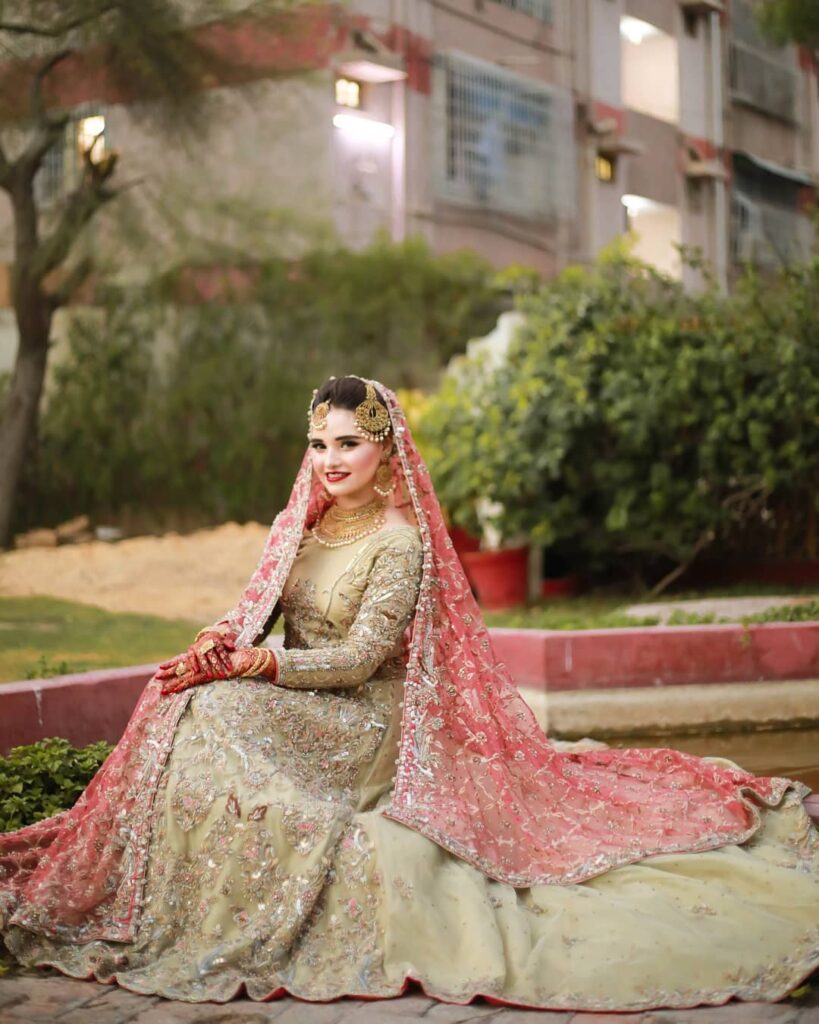 Pakistani Walima Long Trail Gown With Golden Embroidery - DN-1645