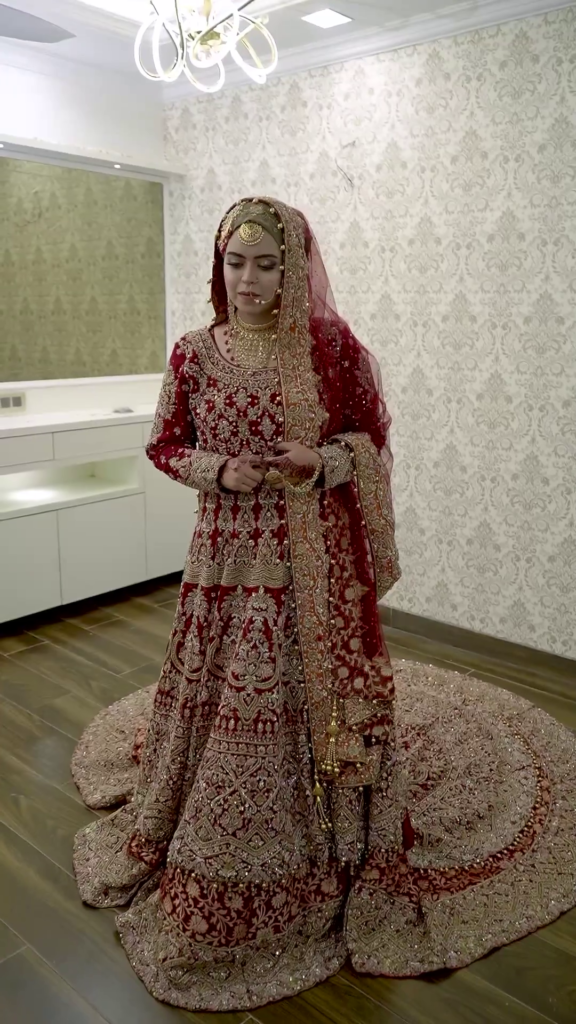 Red Traditional Pakistani Bridal Gown with Long Trail and Embellishment ...