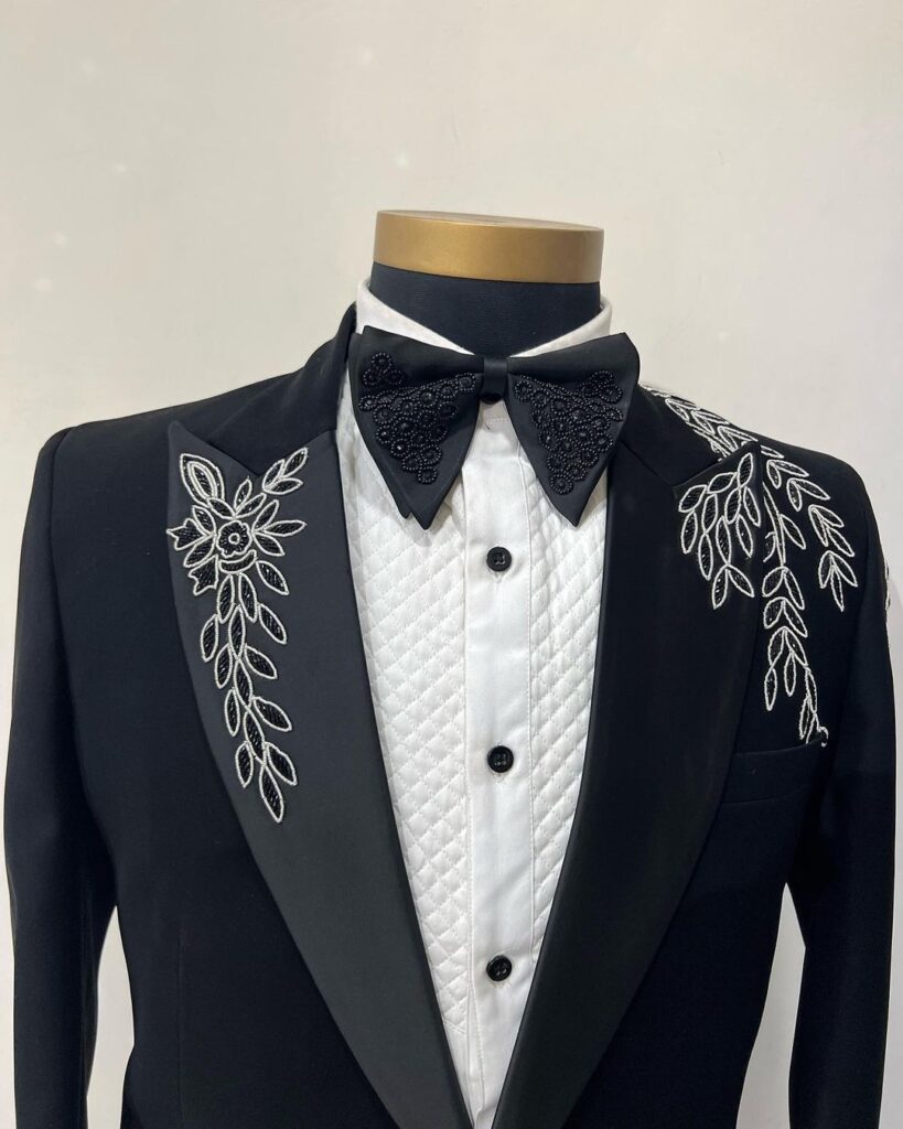 Black Designer Partywear Tuxedo Suit with Embroidery Bespoke made to ...